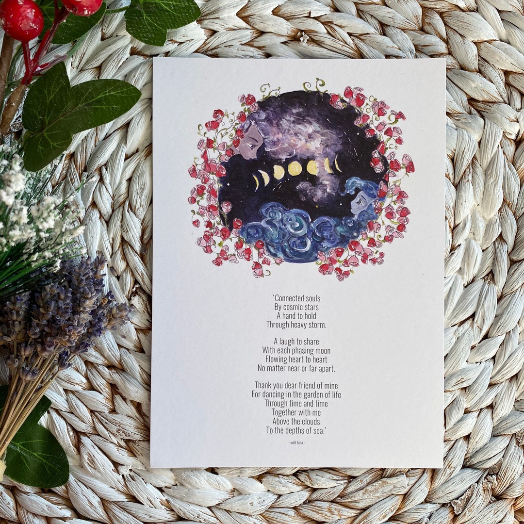 Cosmic Friendship Art Print Birthday for Her Moon and Flowers Wall ...