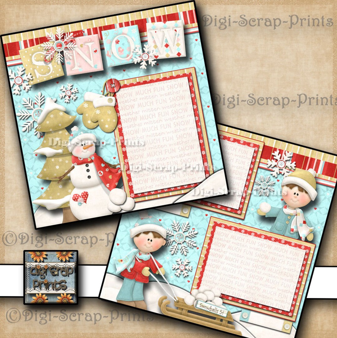 SNOW WINTER BOY ~ 2 Printed 12X12 Pre-made Scrapbook Pages Quick Ez ...