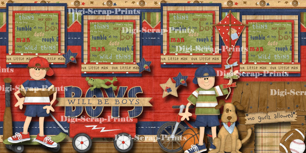 Boys Will Be Boys 2 Printed 12X12 Pre-made Scrapbook Pages Quick EZ ...