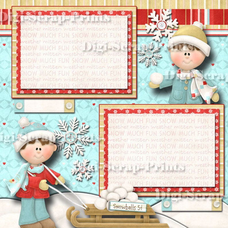 SNOW WINTER BOY ~ 2 Printed 12X12 Pre-made Scrapbook Pages Quick Ez ...