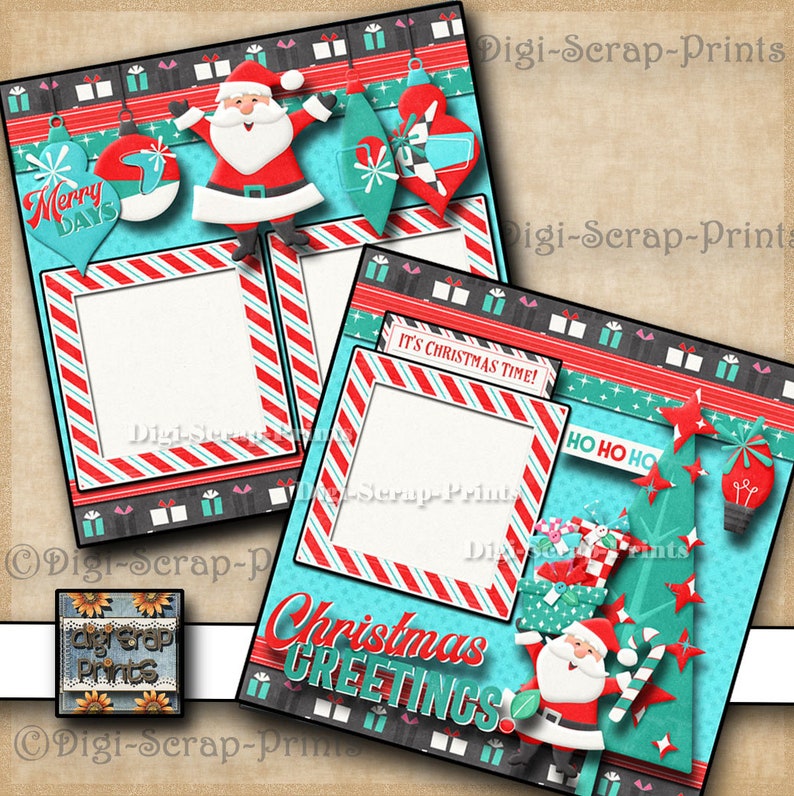 MERRY DAY Christmas Santa Retro ~ 2 Printed 12X12 Scrapbook Pages Ez ...