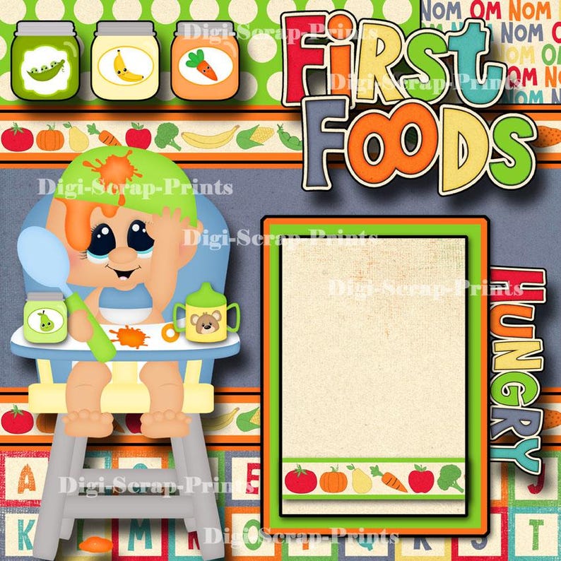 FIRST FOODS Baby Boy ~ 2 Printed 12X12 Pre-made Scrapbook Pages Quick ...