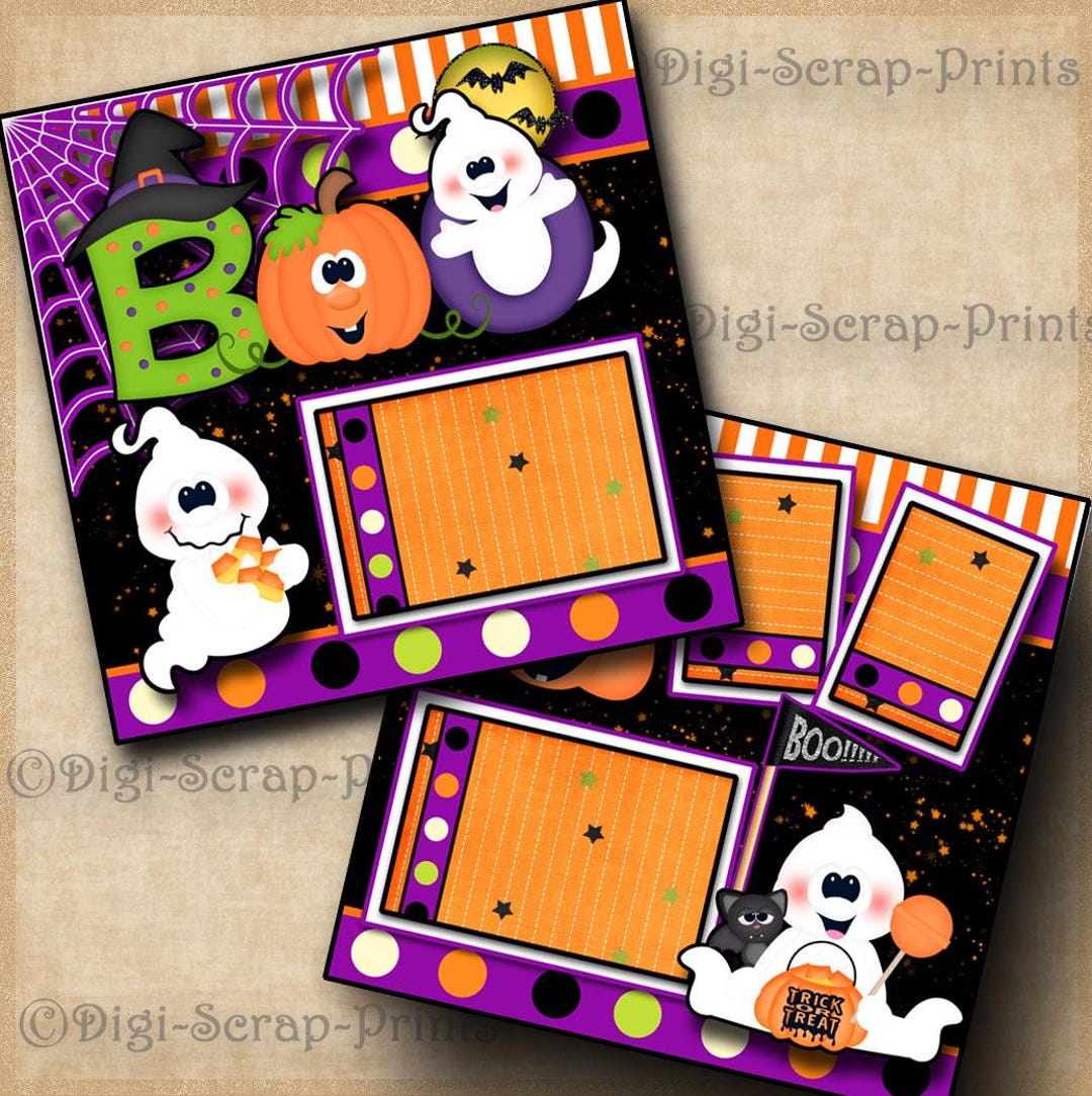 HALLOWEEN ~ BOO Ghost ~ 2 Printed 12X12 Pre-made Scrapbook Pages EZ ...