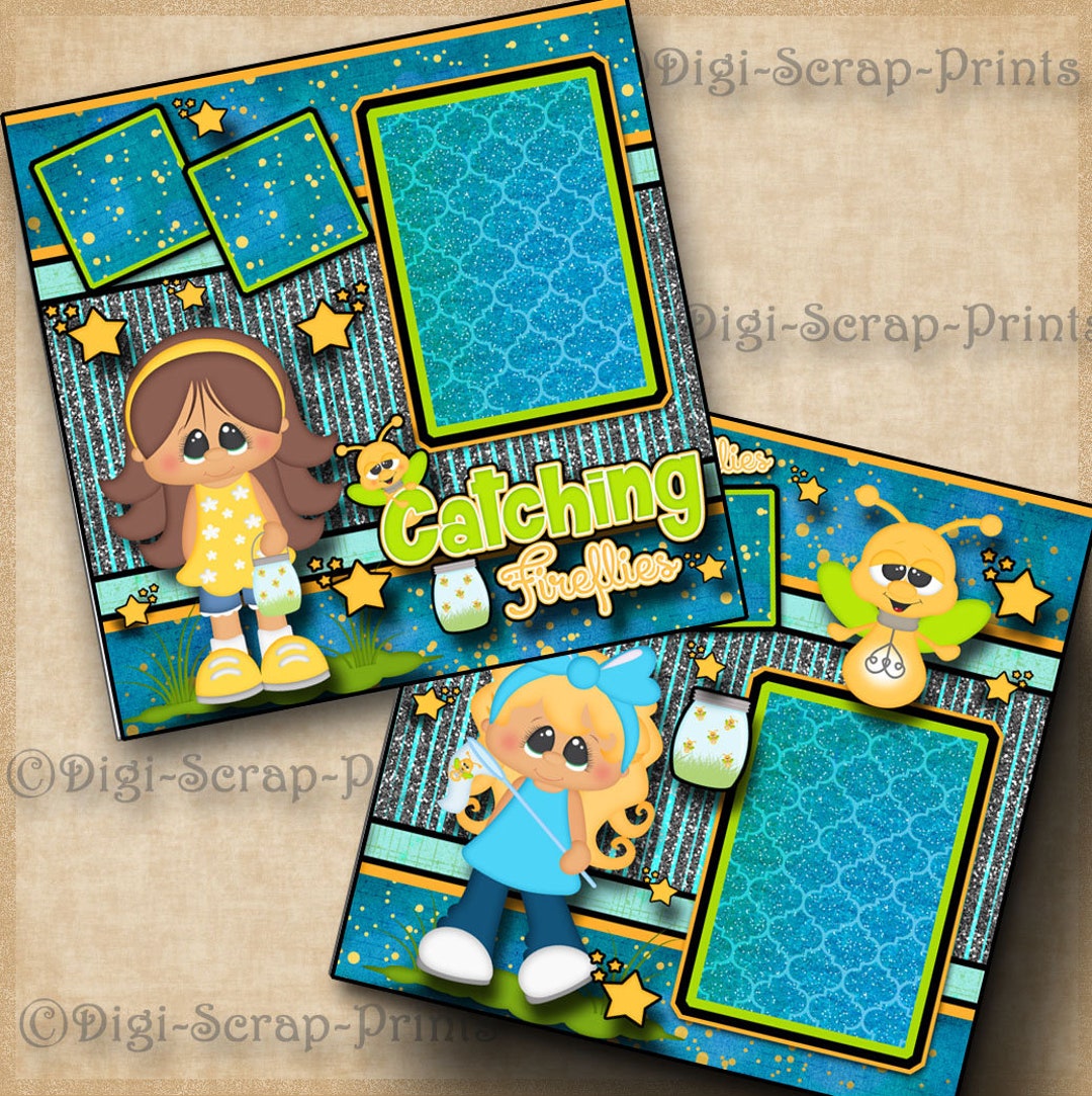 CATCHING FIRFLIES Girl ~ 2 Printed 12X12 Pre-made Scrapbook Pages Quick ...