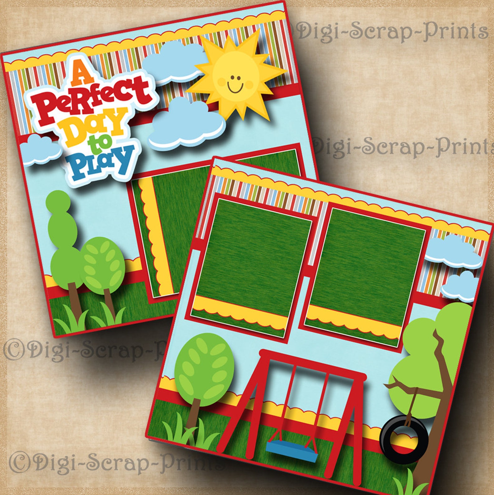 Playground ~ Park ~ Play ~ 2 Printed 12X12 Pre-made Scrapbook Pages ...