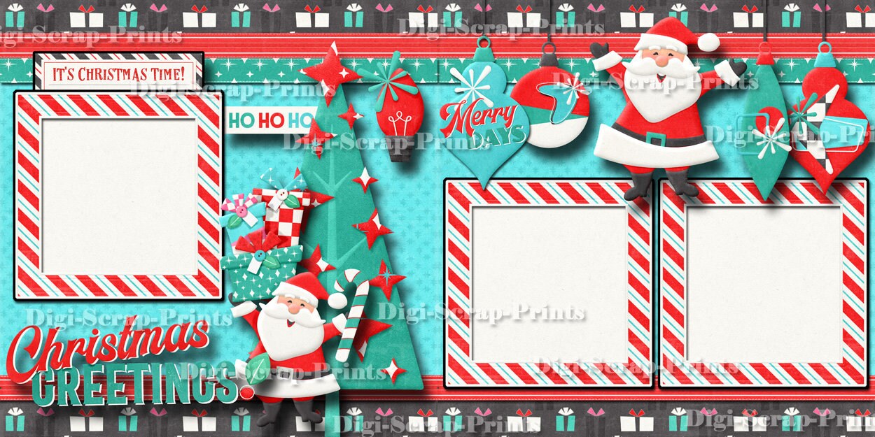 MERRY DAY Christmas Santa Retro ~ 2 Printed 12X12 Scrapbook Pages Ez ...