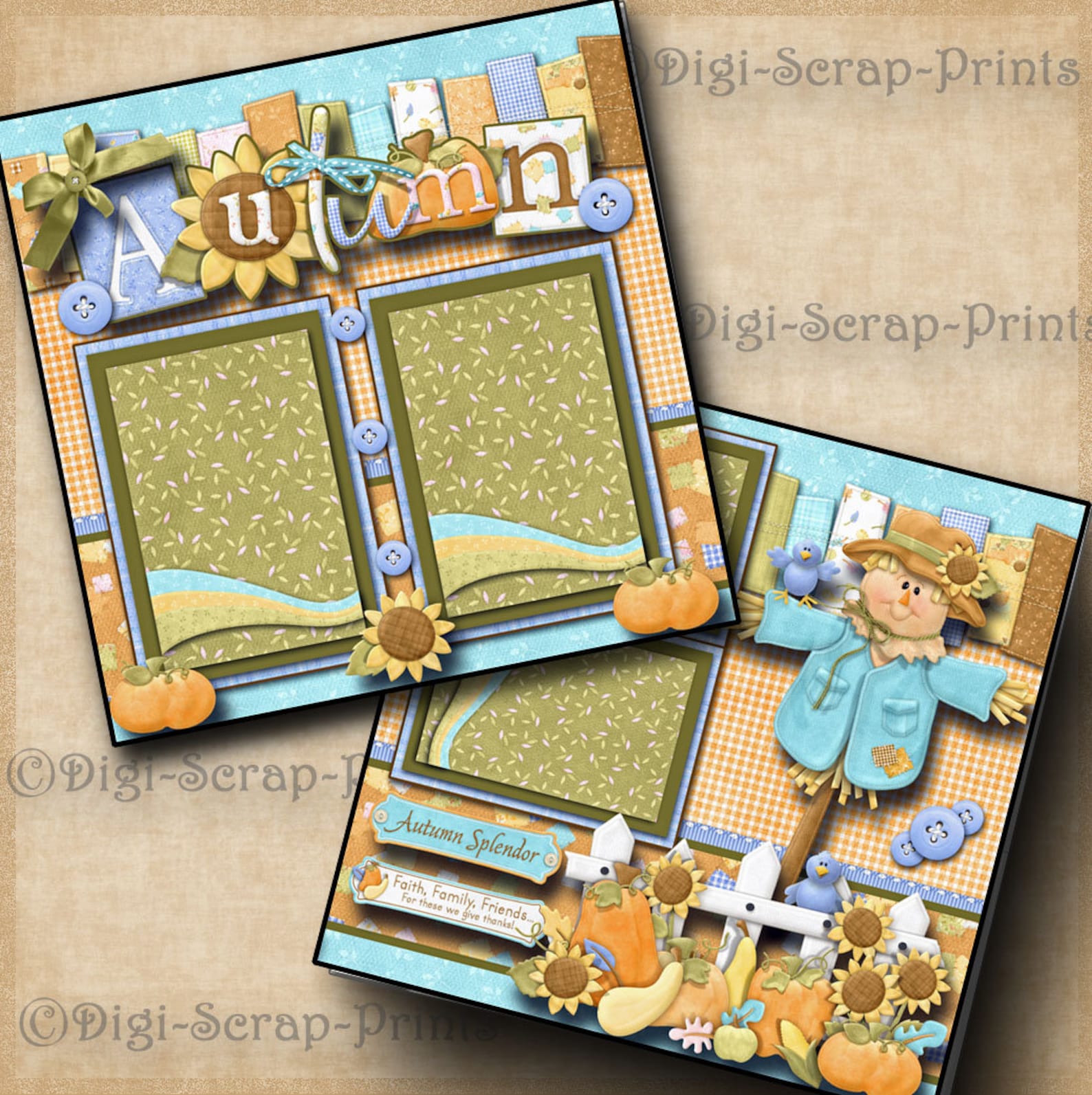 AUTUMN ~ 2 Printed 12X12 Pre-made Scrapbook Pages Quick Pages Paper ...