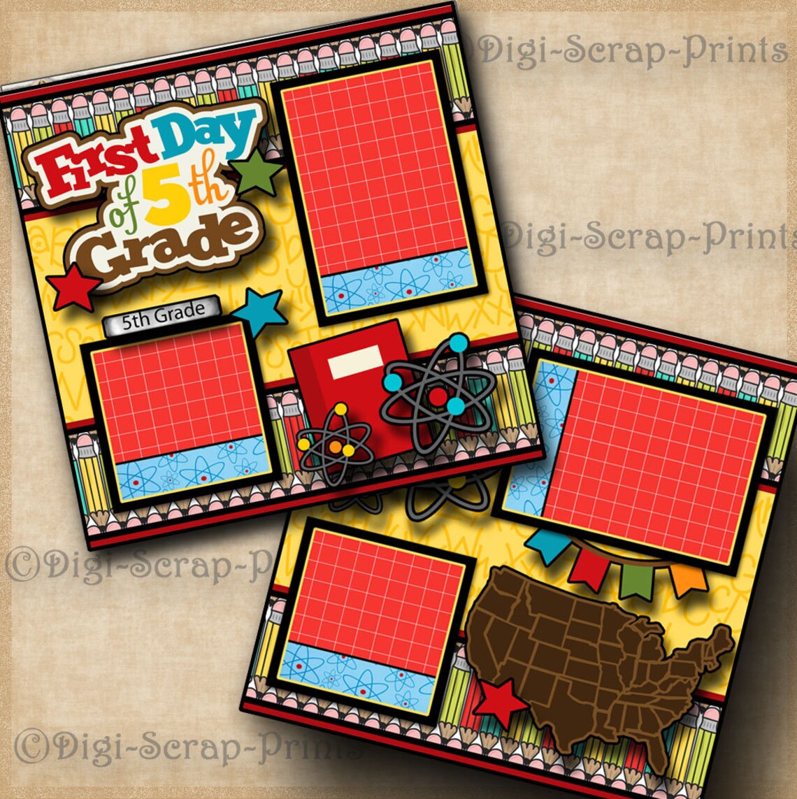 First Day of 5TH GRADE School 2 Printed 12X12 Pre-made Scrapbook Pages ...