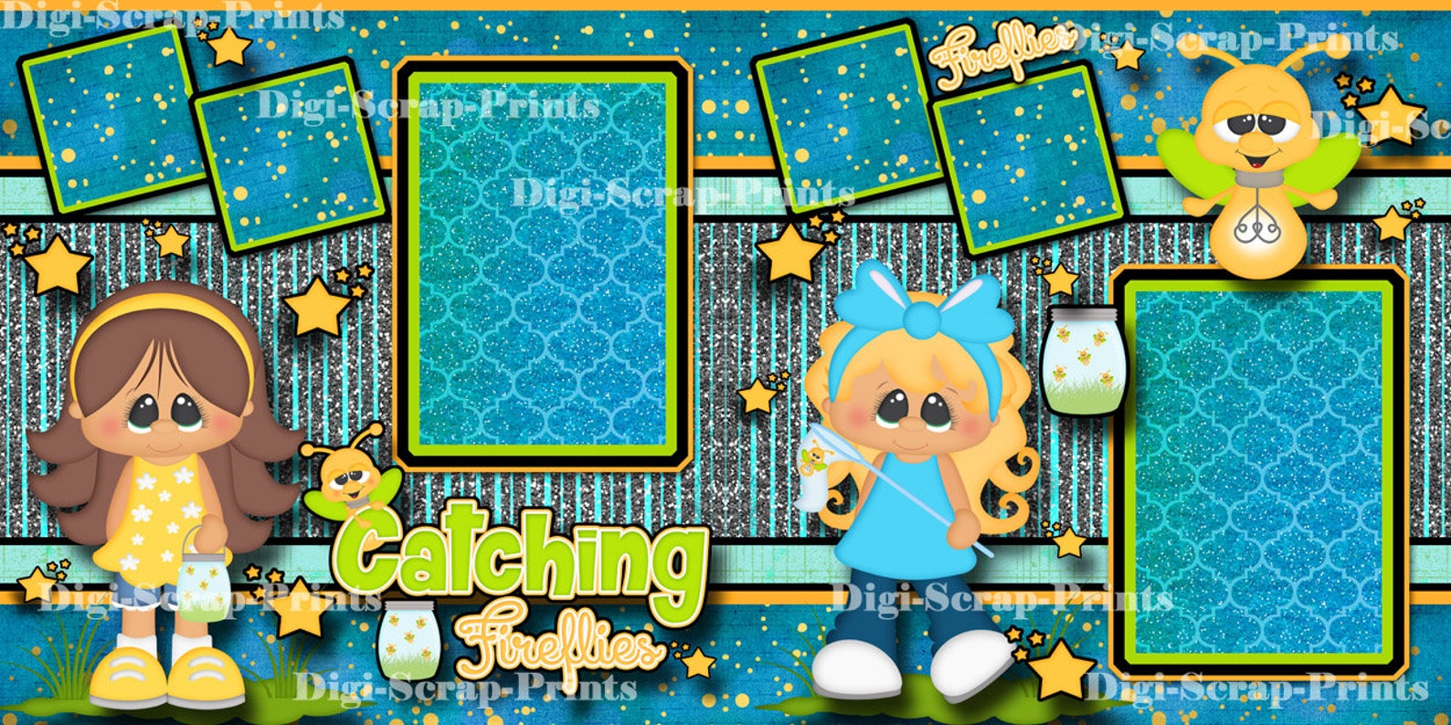 CATCHING FIRFLIES Girl ~ 2 Printed 12X12 Pre-made Scrapbook Pages Quick ...