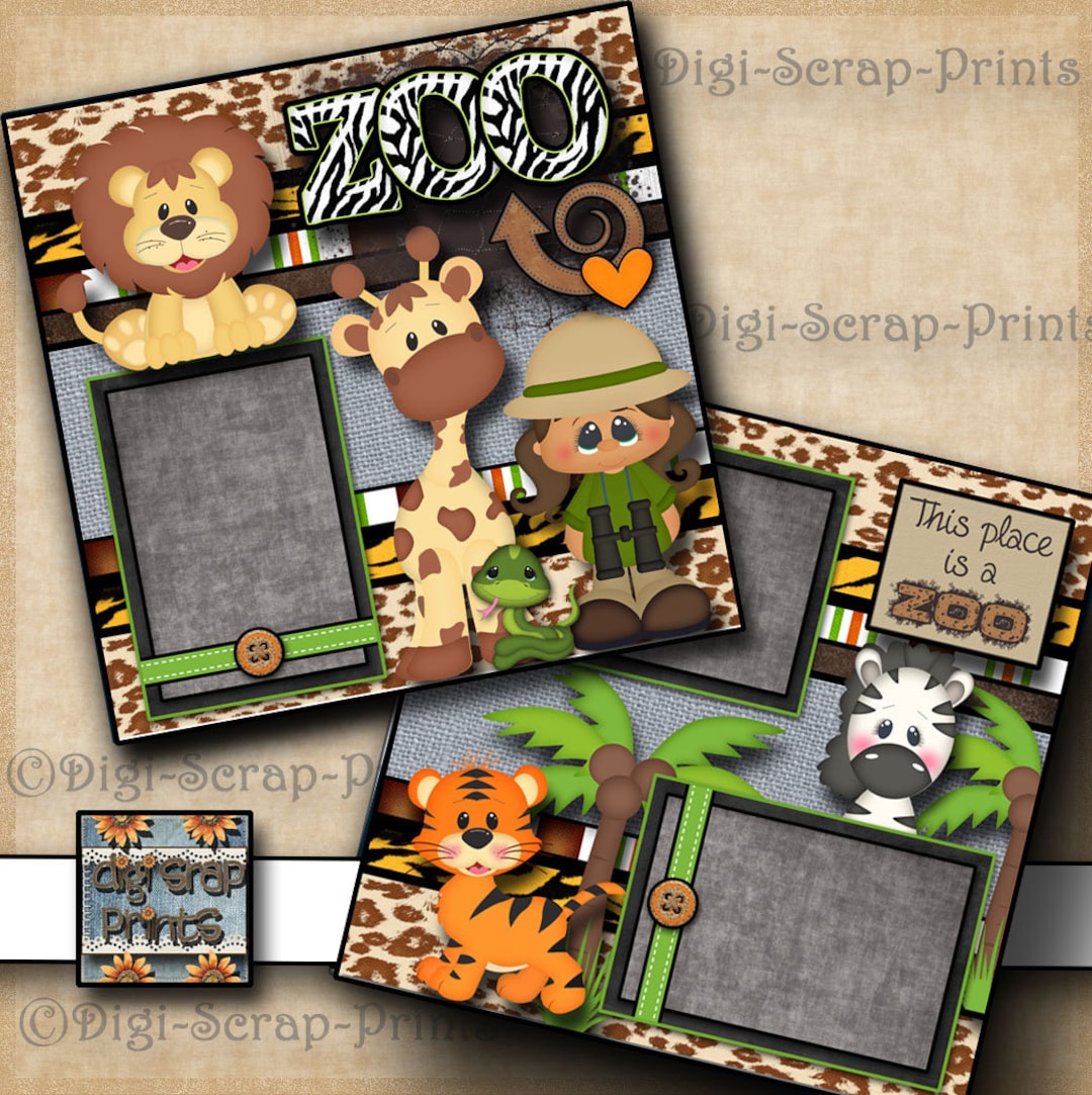ZOO ~ 2 Printed 12x12" Pre-made Scrapbook Pages Quick Pages Paper Girl ...