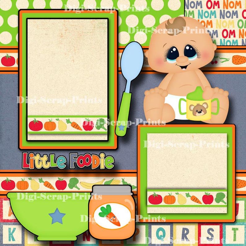 FIRST FOODS Baby Boy ~ 2 Printed 12X12 Pre-made Scrapbook Pages Quick ...