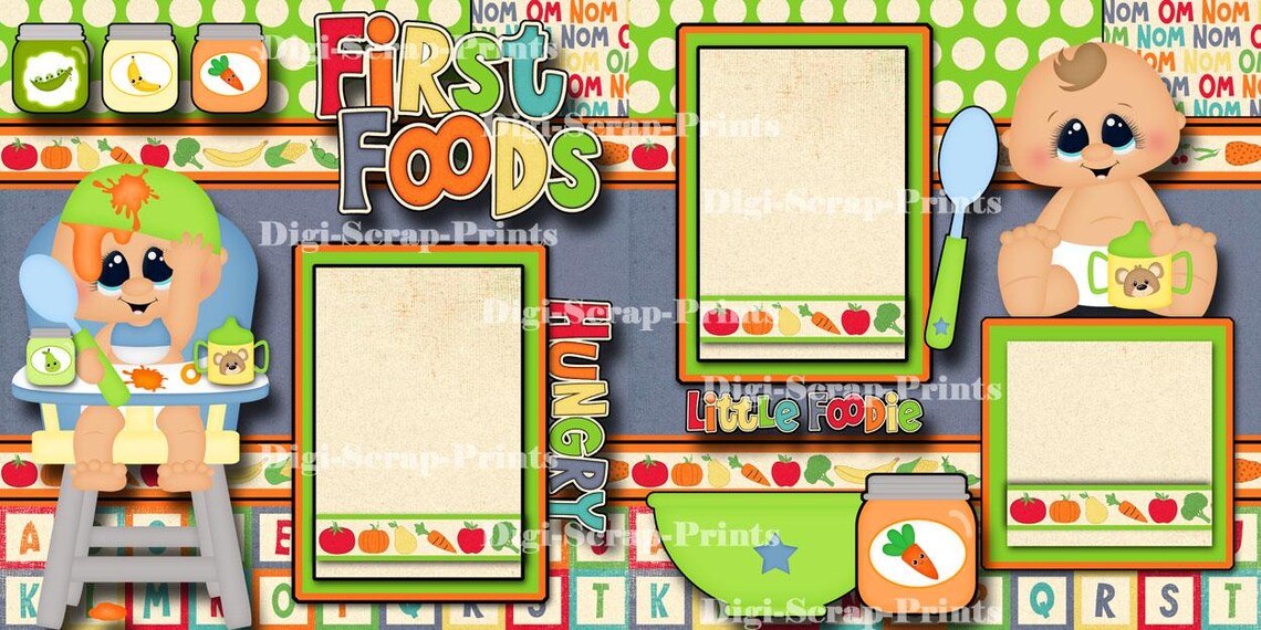 FIRST FOODS Baby Boy ~ 2 Printed 12X12 Pre-made Scrapbook Pages Quick ...