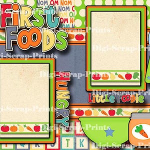 FIRST FOODS Baby Boy ~ 2 Printed 12X12 Pre-made Scrapbook Pages Quick ...