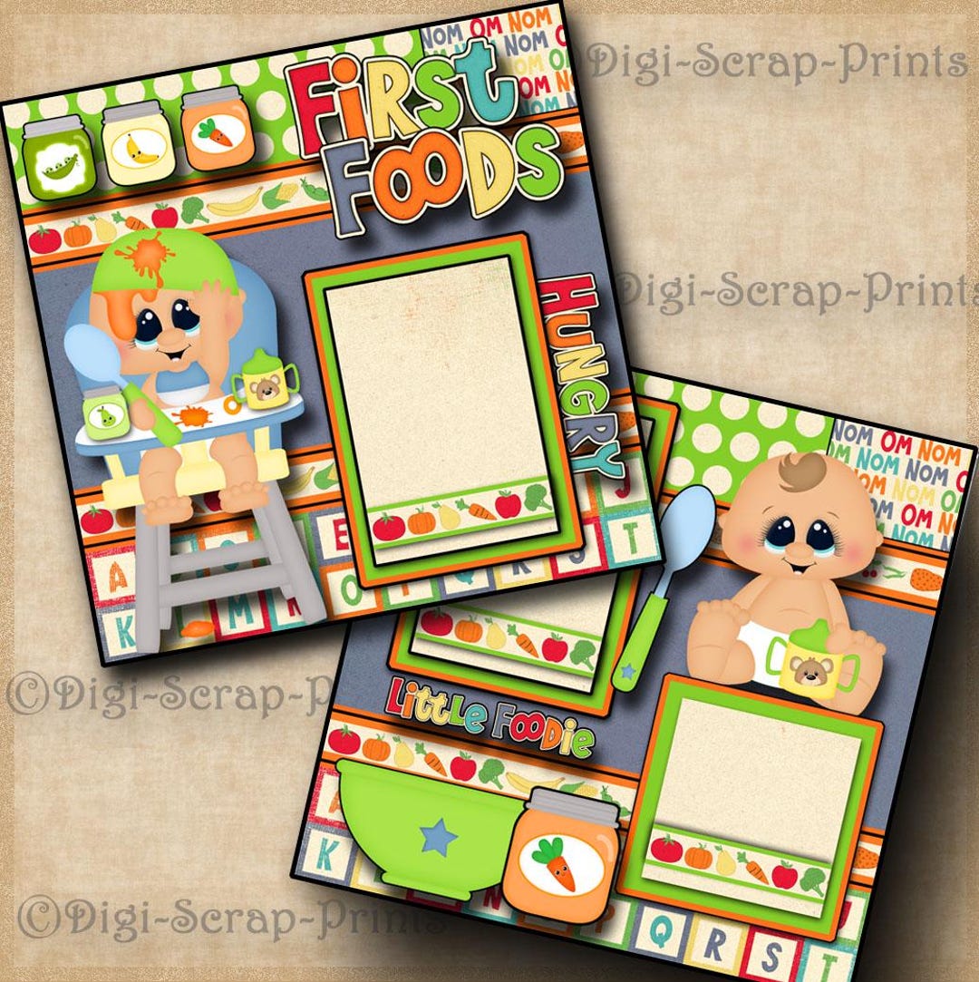 FIRST FOODS Baby Boy ~ 2 Printed 12X12 Pre-made Scrapbook Pages Quick ...