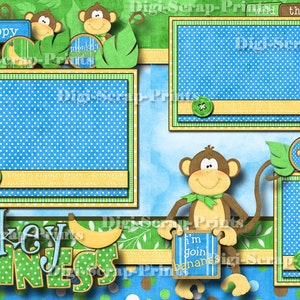 MONKEY BUSINESS Baby Toddler ~ 2 Printed 12X12 Pre-made Scrapbook Pages ...