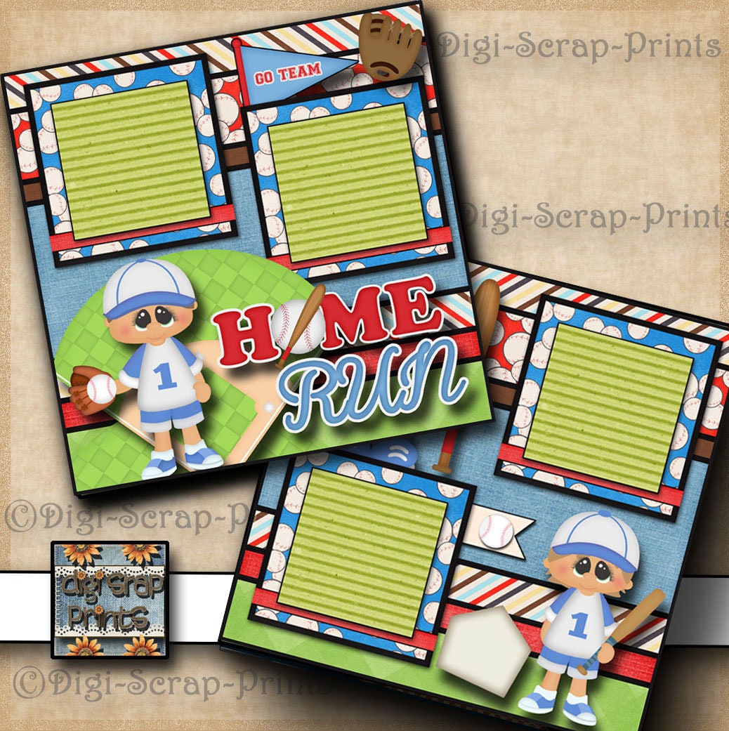 HOME RUN 2 Printed 12x12" Pre-made Scrapbook Pages Quick Premade Paper ...