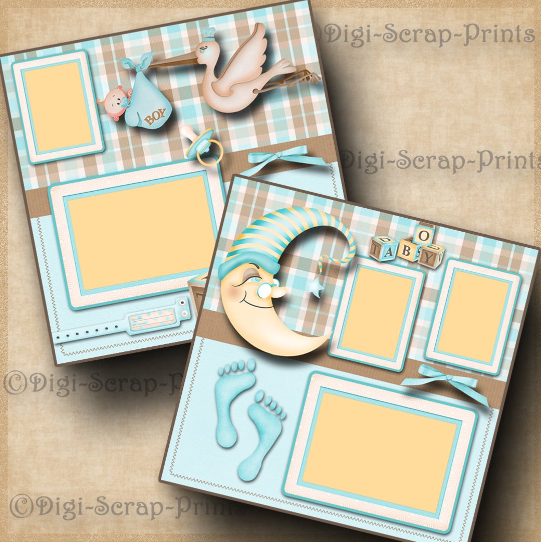 BABY BOY ~ 2 Printed 12X12 Pre-made Scrapbook Pages Quick Pages Premade ...
