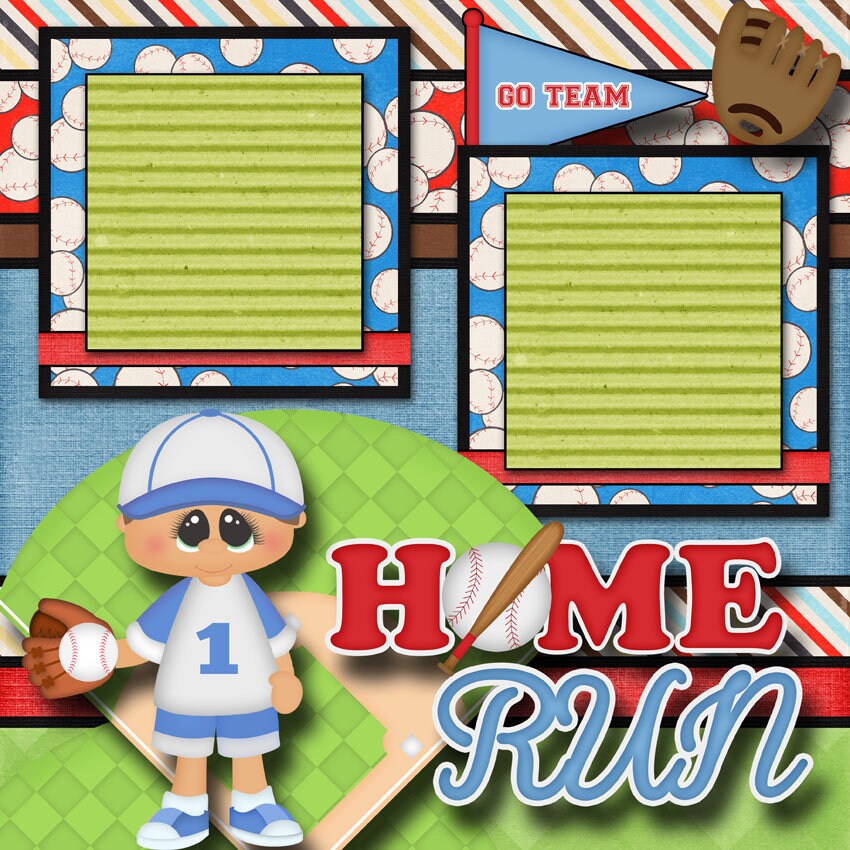 HOME RUN 2 Printed 12x12" Pre-made Scrapbook Pages Quick Premade Paper ...