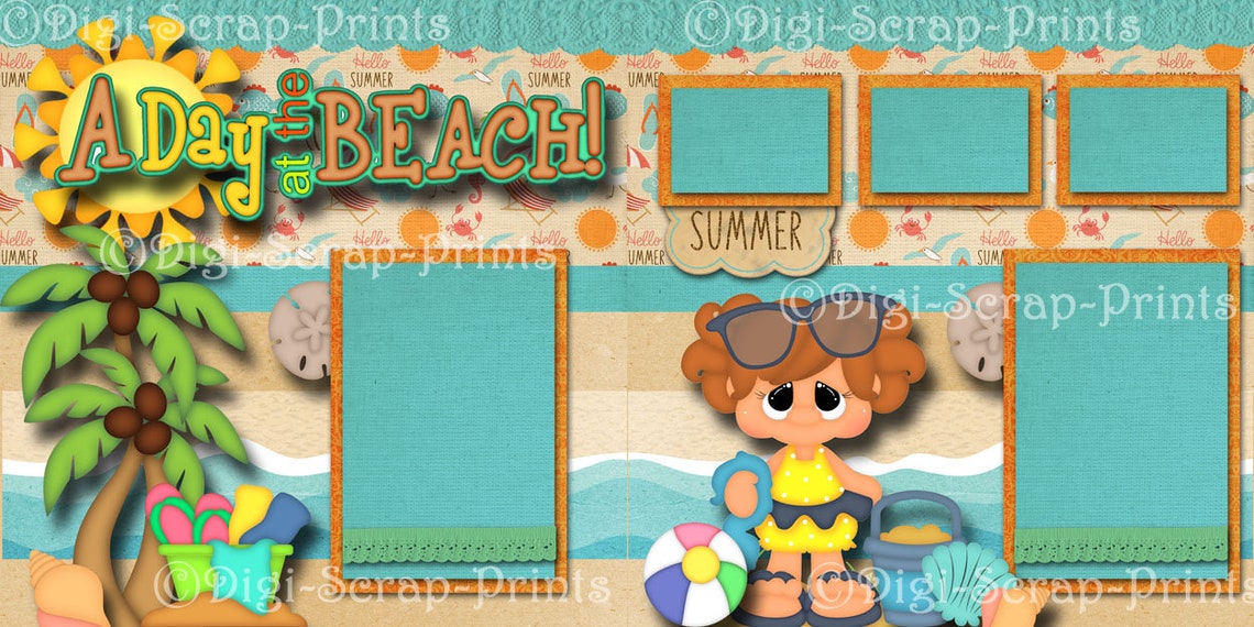 BEACH DAY Girl ~ 2 Printed 12X12 Pre-made Scrapbook Pages Quick EZ ...