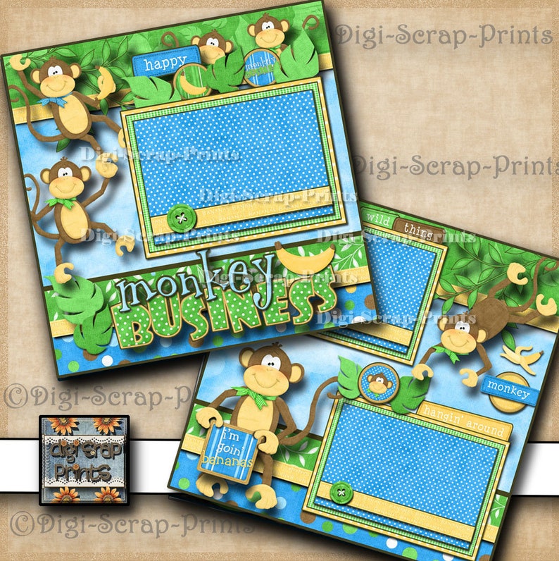 MONKEY BUSINESS Baby Toddler ~ 2 Printed 12X12 Pre-made Scrapbook Pages ...