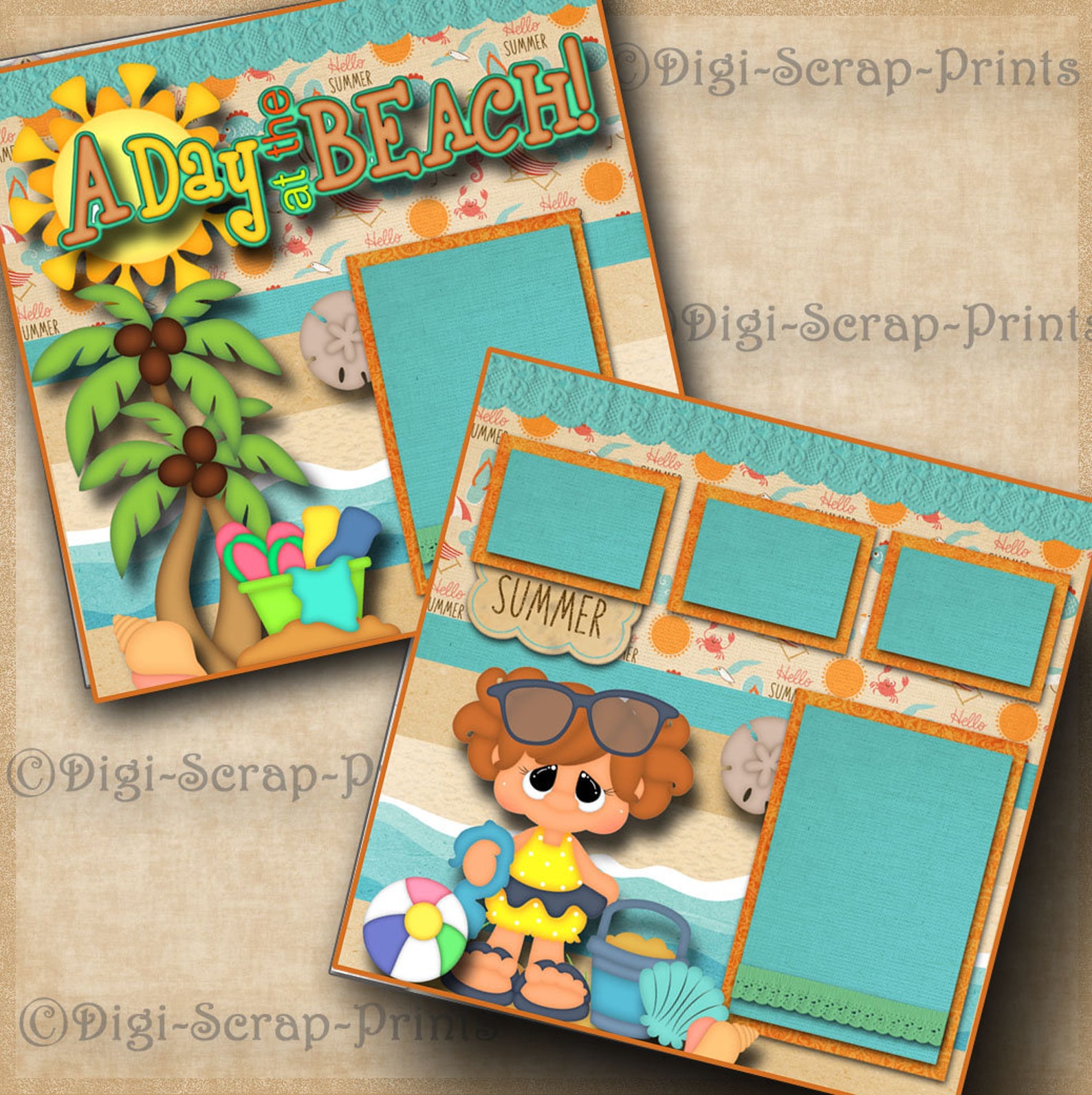 BEACH DAY Girl ~ 2 Printed 12X12 Pre-made Scrapbook Pages Quick EZ ...