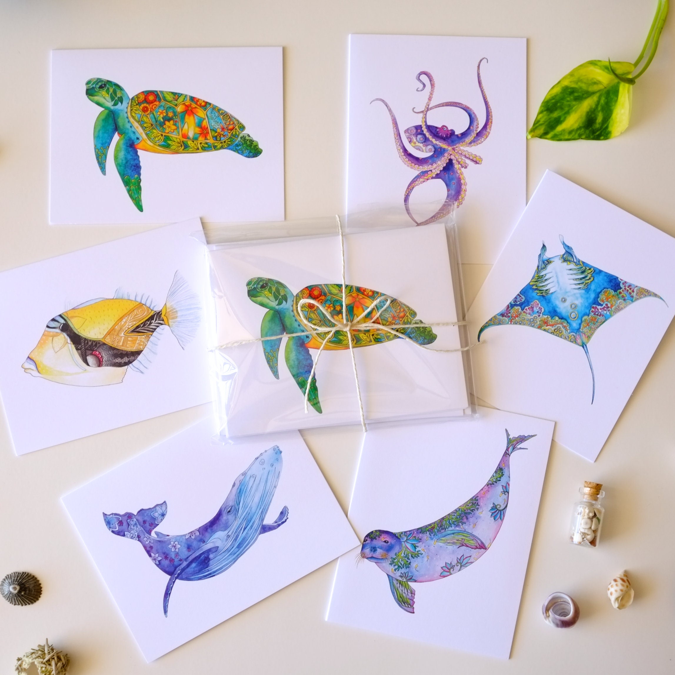 Hawaiian Sea Life Greeting Card Set of 6, Folded Blank Thank You Note ...