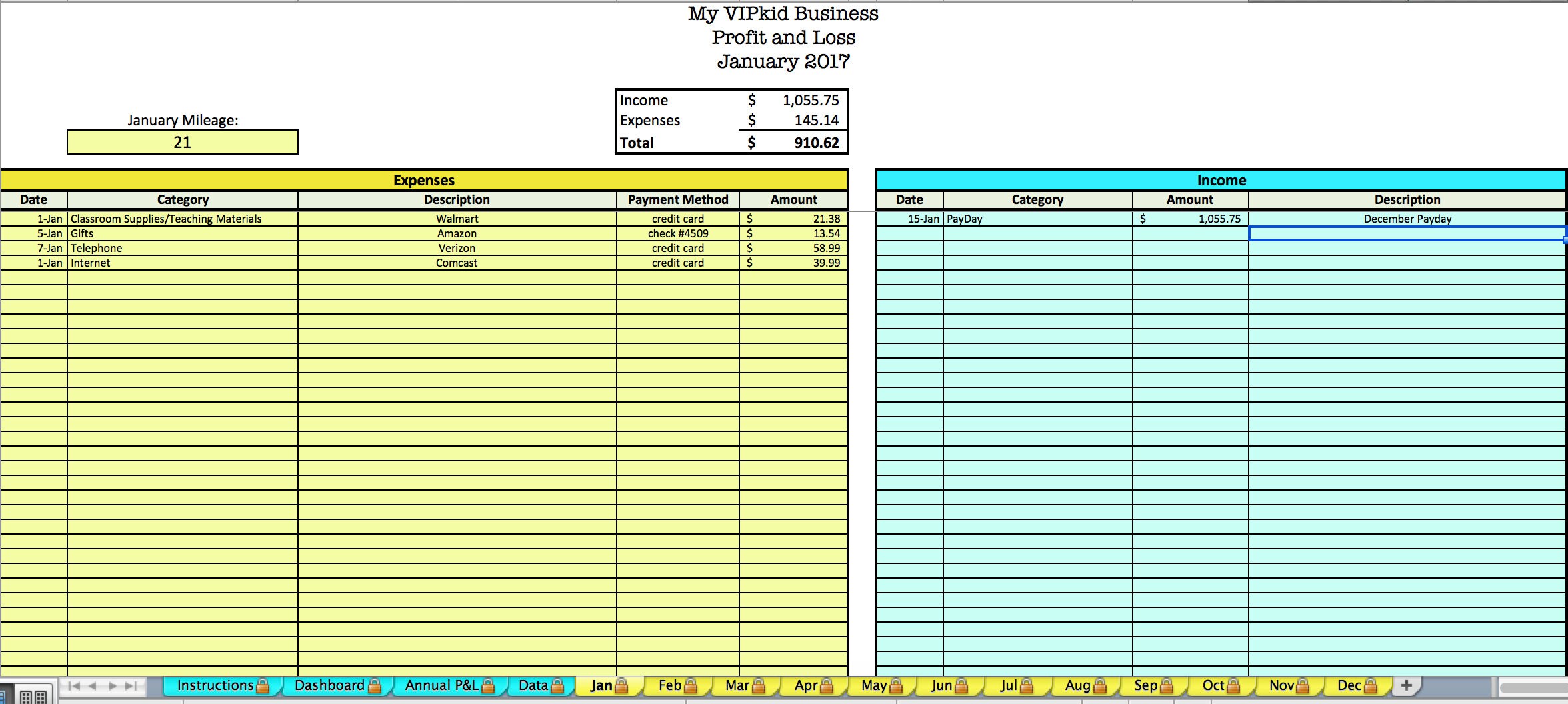 2017 Online Teaching (VIPKID) Income/expense Tracker, Monthly Cash Flow ...
