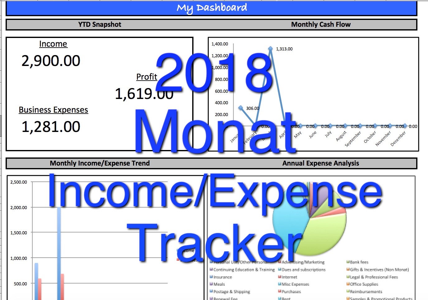 2018 Monat Income/expense Tracker, Monthly Cash Flow Spreadsheet, User ...