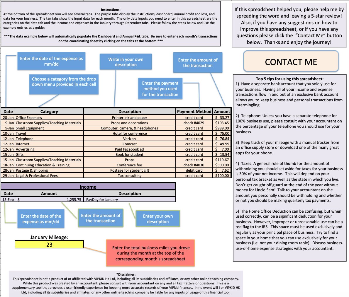 2019 Online Teaching VIPKID/GOGOKID Income/expense Tracker, Monthly ...