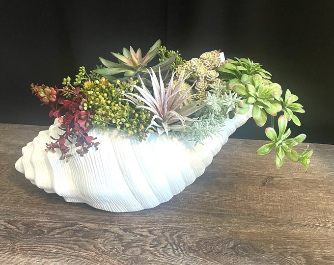 Modern Neutral Coastal Floral Arrangement in Gold & White Seashell Vase ...