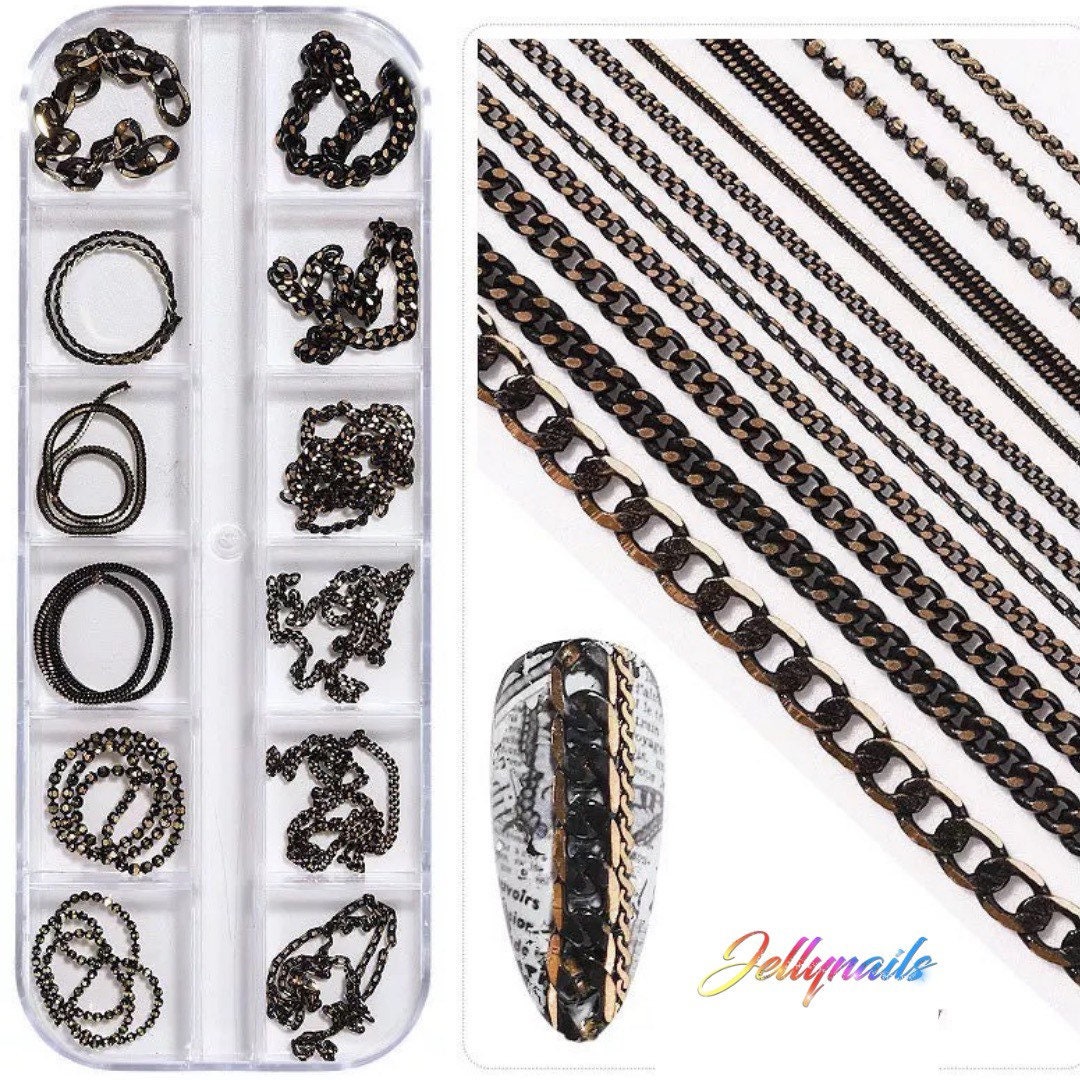 Black / Gold Color Nail Art Chains 12 Colors in Box 3D Decoration ...