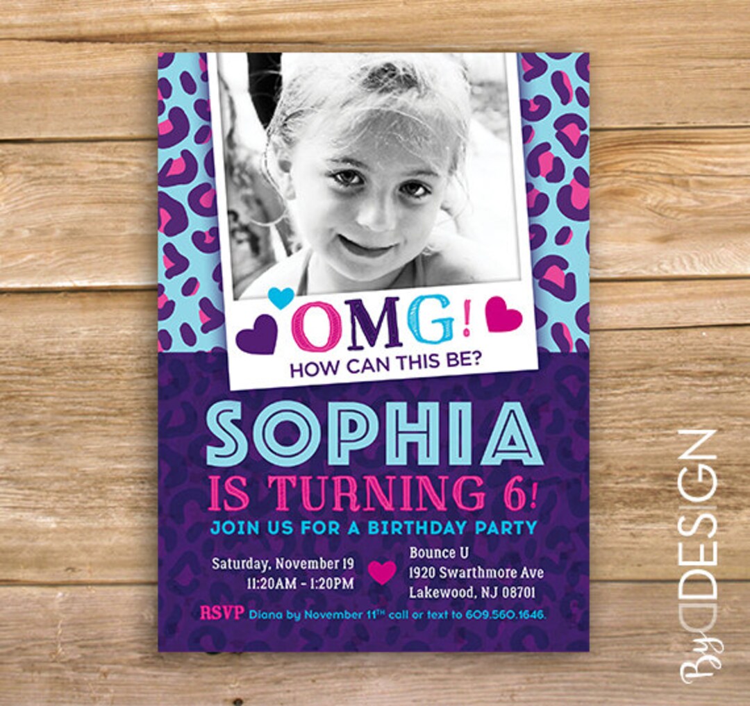 OMG Leopard Birthday Party Invitation, Girl Birthday, Tween, Hearts ...