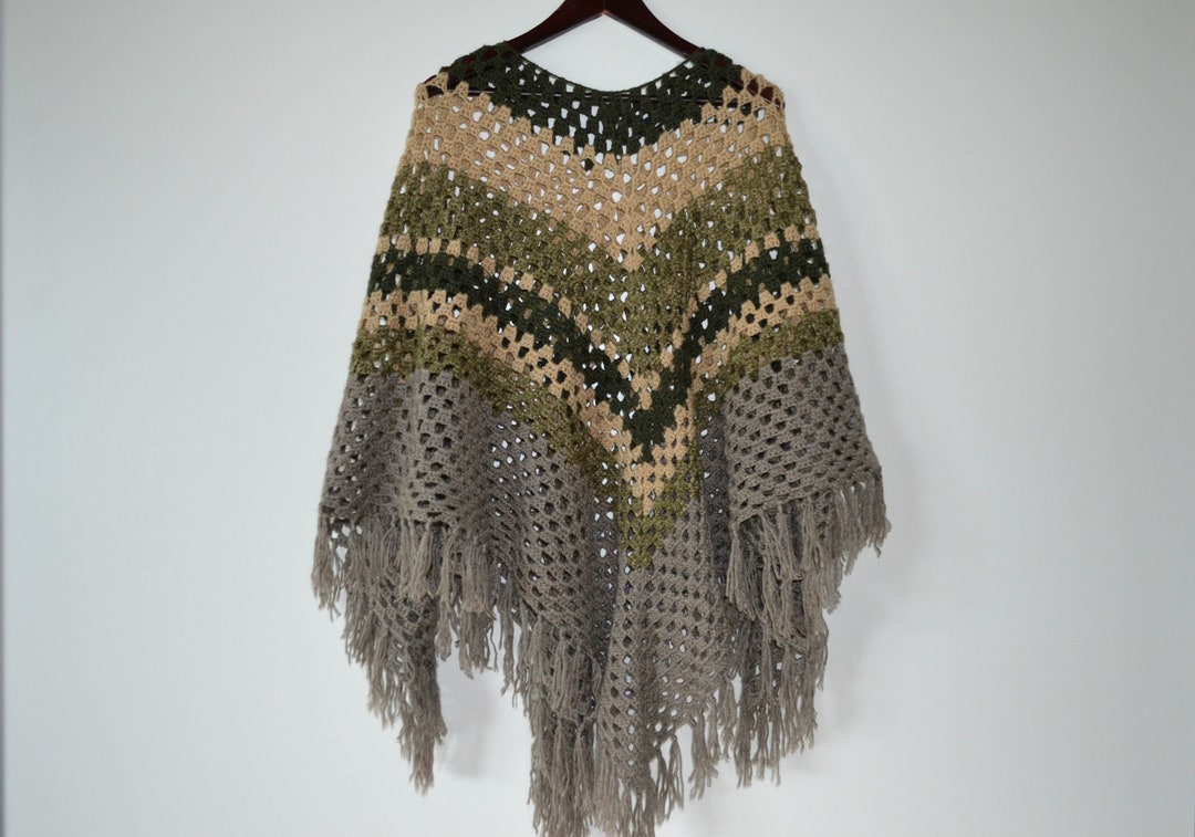 Crocheted Pancho With Fringes Warm Women Pancho Crocheted Women Sweater ...