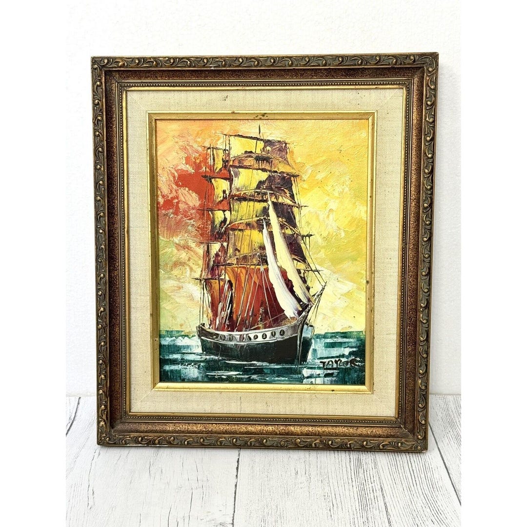 60s Painting SIGNED Taylor Ship Ocean Maritime Schooner Sailboat ...