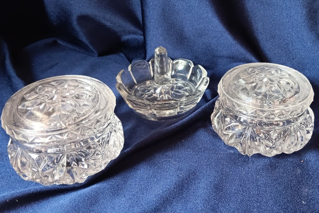 Dressing Table Set, Vintage Glass, Glass Ring Tree, Glass Cosmetic Pots ...