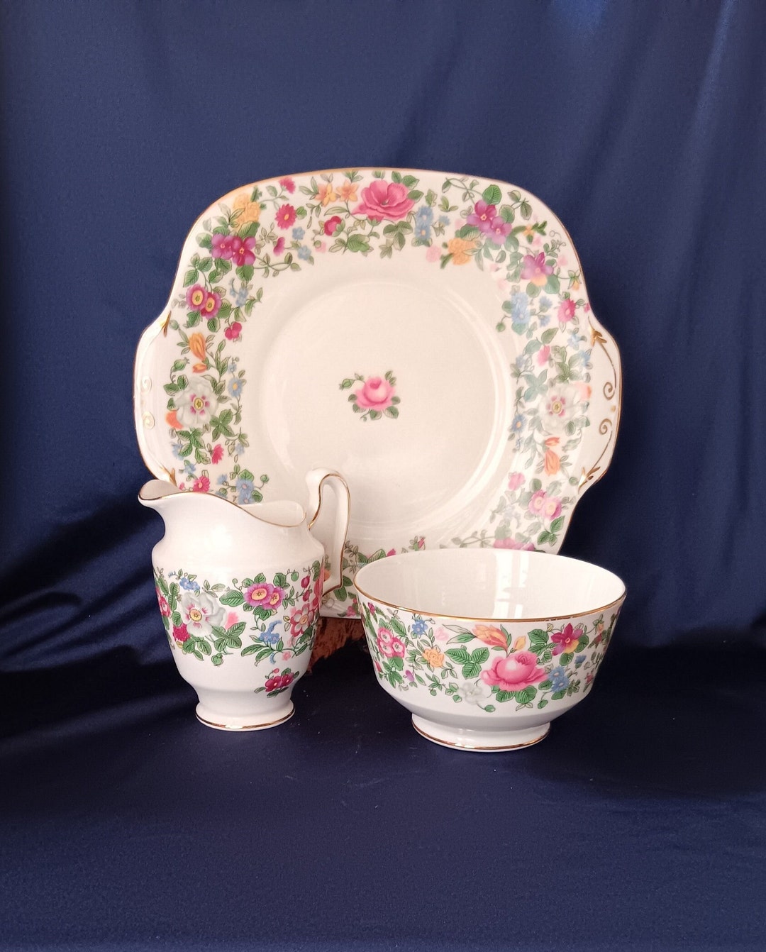 Vintage Tea Set, Crown Staffordshire, Milk Jug, Sugar Bowl, Cake Plate ...