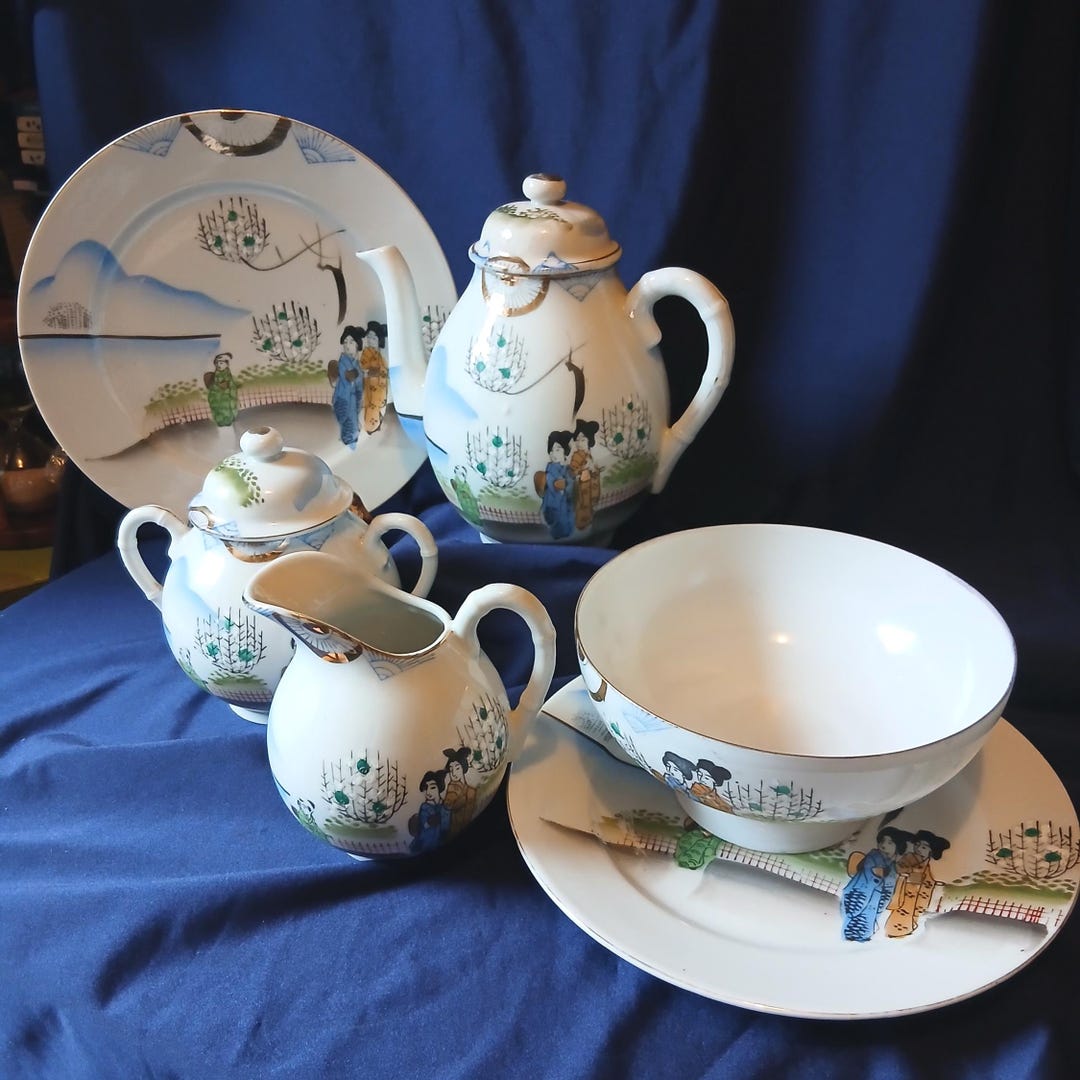Japanese Tea Set, Kutani Tea Set, Egg Shell Porcelain, Geisha Tea Set ...