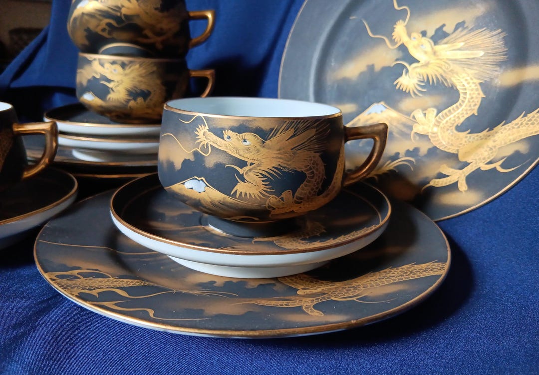 Soko China, Japanese Tea Set, Vintage Tea Set, Kobe Satsuma, Black and ...