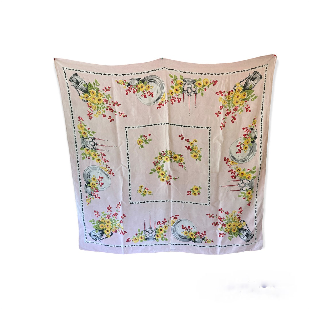 A 1950s Pink Still Life Pattern Linen Table Cloth - Etsy