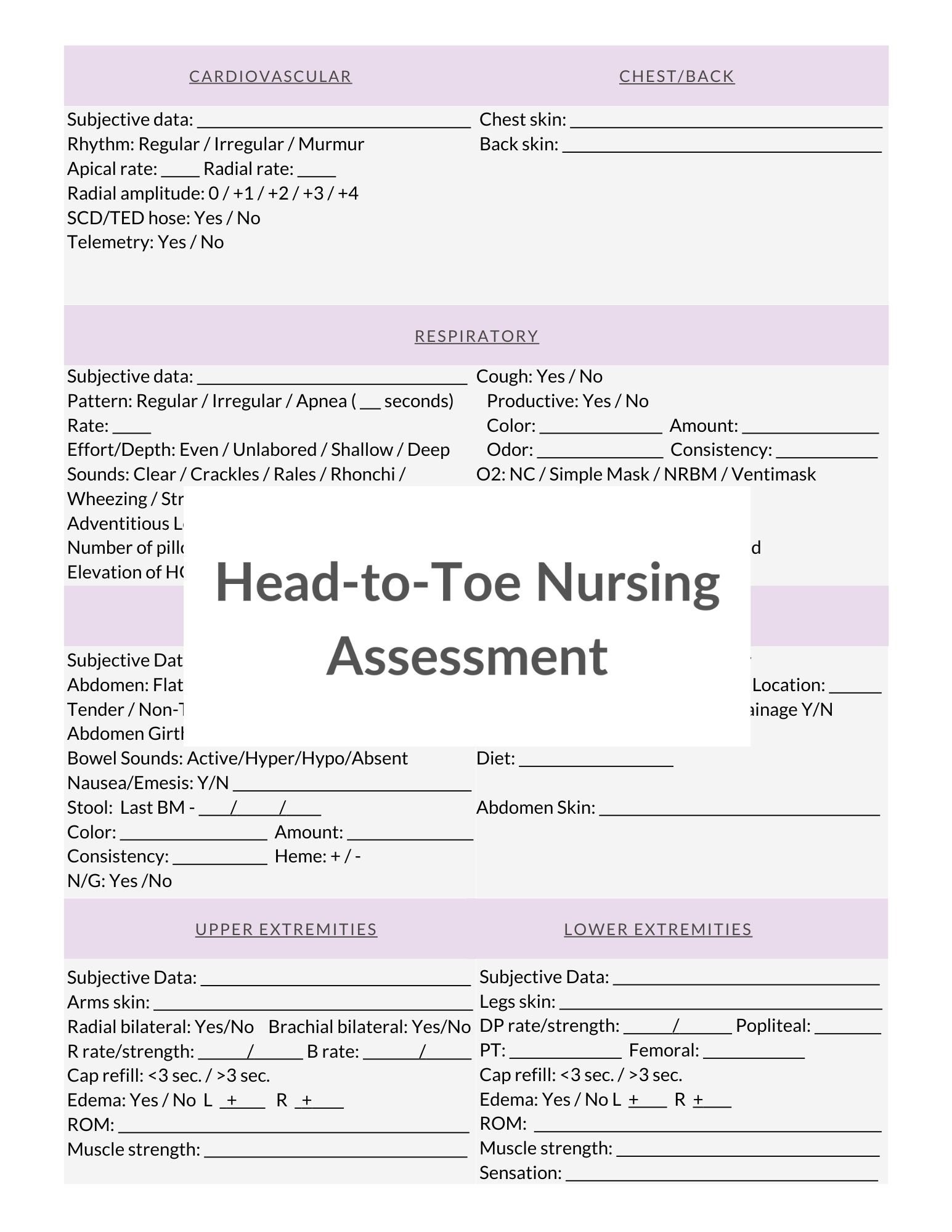 Nursing Head-to-toe Physical Assessment Template Guide - Etsy