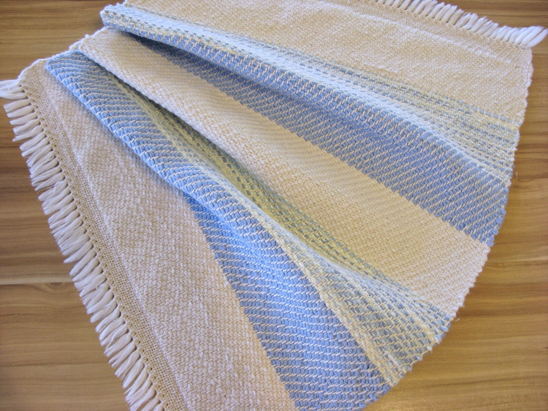 Handwoven Cotton Rag Rug, Handmade, Shades of Blue and Ivory, Soft ...