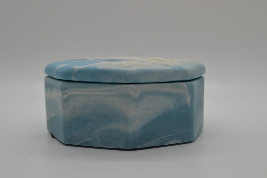Vintage Blue Soapstone Ring Box Ocean Scene Carved & Signed by Robert ...