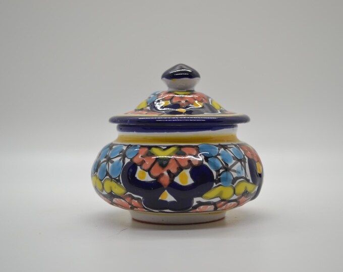 Hand-painted Mexican Ceramic Salt Box With Lid Blue Floral Design Made ...