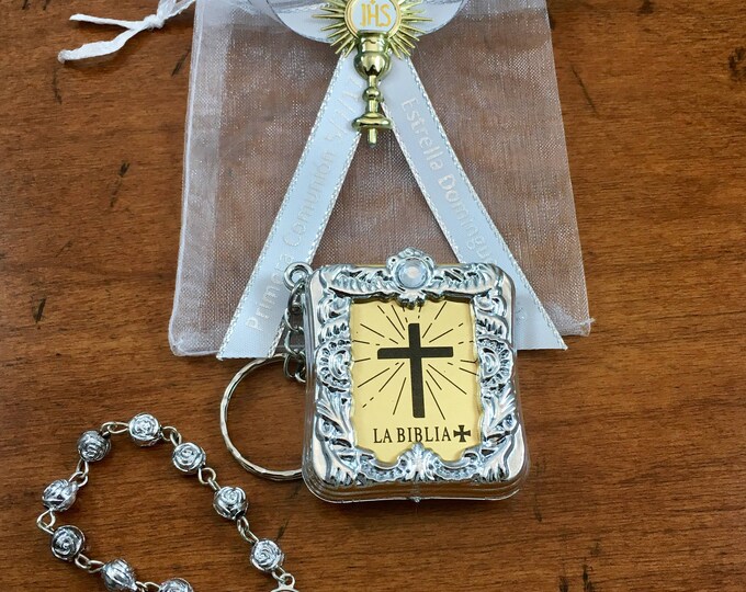 12 Mini Bibles and Rosary Personalized First Communion Favor Silver and ...