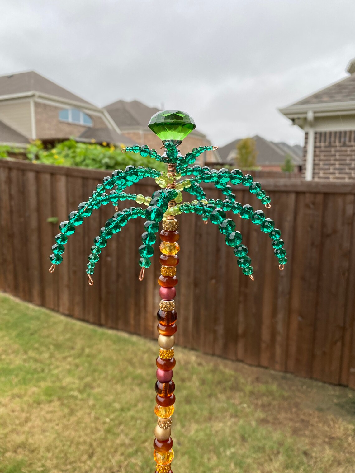 Palm tree beaded garden stake garden sparkler glass sun | Etsy