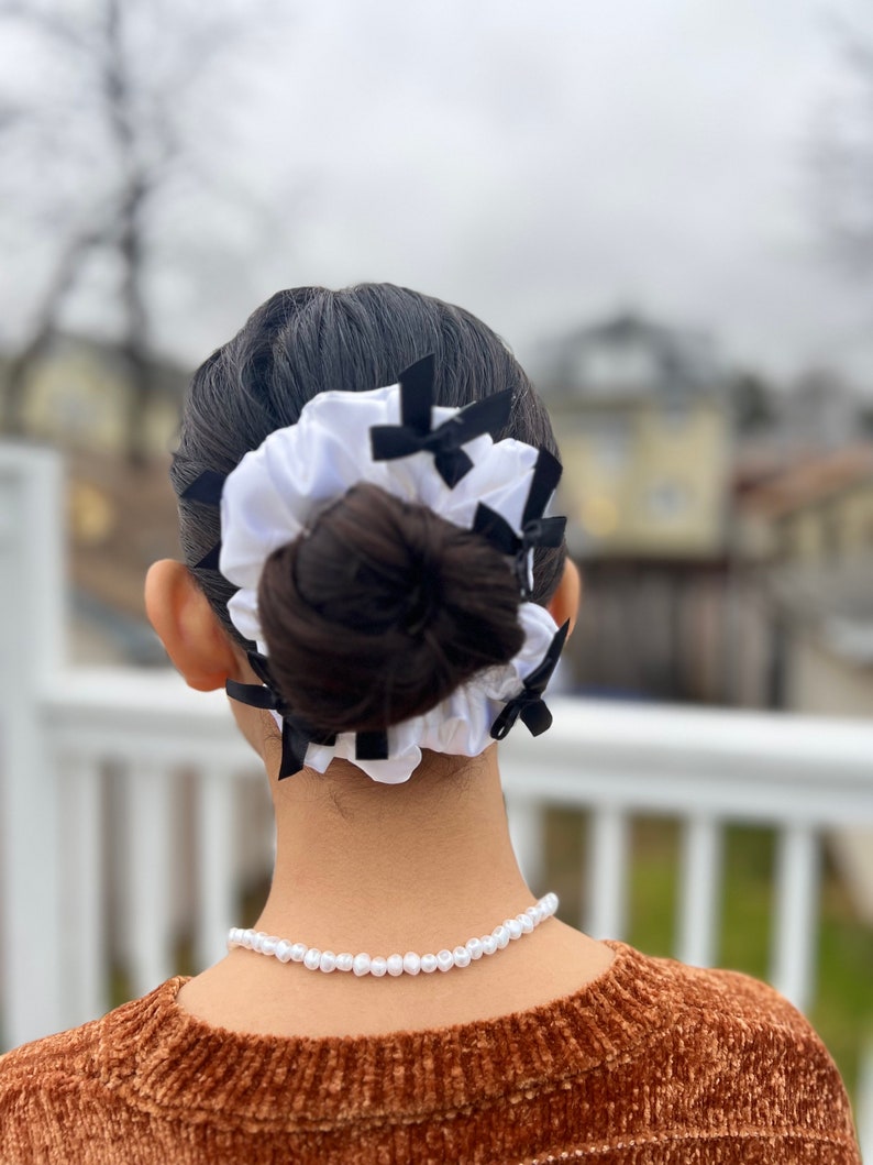 Handmade White Satin Scrunchie With Black Bows - Etsy