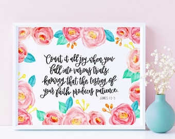 Count It All Joy Bible Verse Watercolor Print, James 1:2-3, Fall Trees ...