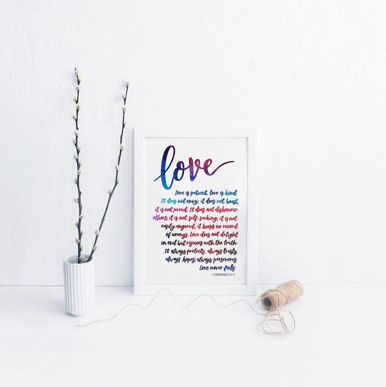 Love is Patient Calligraphy Print - 1 Corinthians 13:4-8 - Sunrise and ...