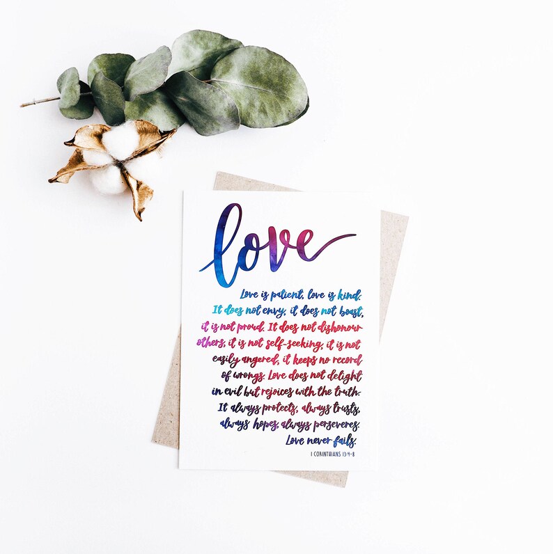 Love is Patient Calligraphy Print - 1 Corinthians 13:4-8 - Sunrise and ...