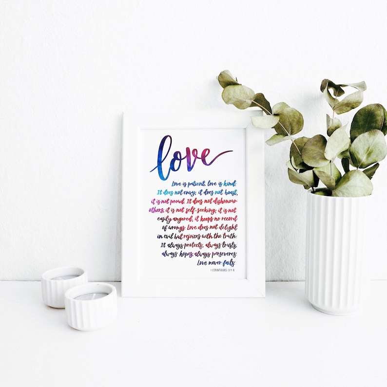 Love is Patient Calligraphy Print - 1 Corinthians 13:4-8 - Sunrise and ...
